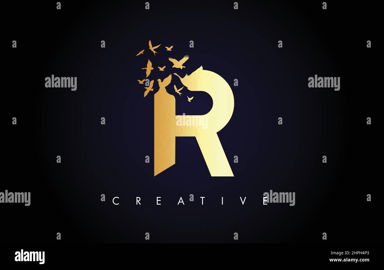 Goldener R-Logo-Brief mit dem Zerfallen der fliegenden Vogelschar aus ...