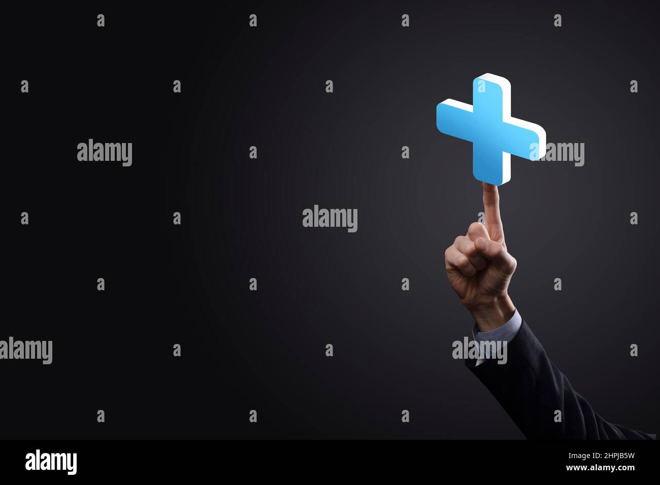 Geschäftsmann halten 3D plus Symbol, Mann halten in der Hand bieten ...