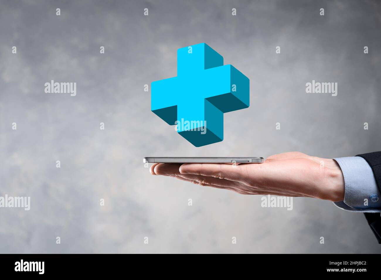 Geschäftsmann halten 3D plus Symbol, Mann halten in der Hand bieten ...