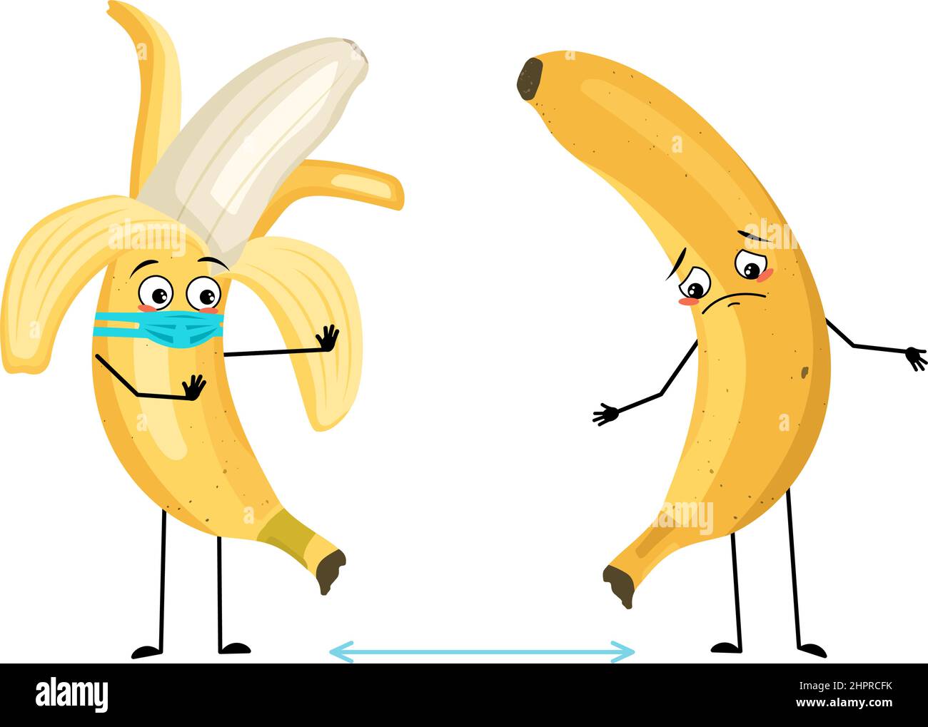 Bananencharakter mit traurigen Emotionen, Gesicht und Maske halten ...