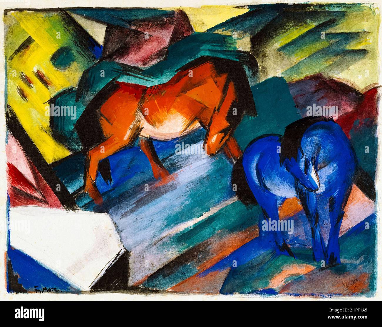 Franz Marc, Rot und Blaues Pferd, abstrakte Zeichnung, Tempera und ...