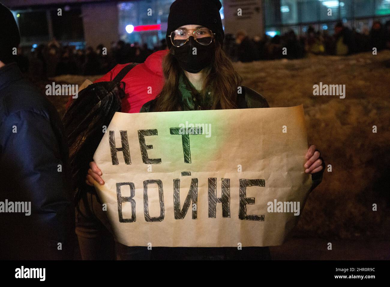 Moskau Russland 24th Februar 2022 Ein Demonstranten Nimmt An Einem