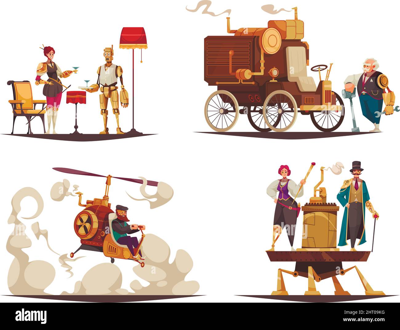 Vier Cartoon-Kompositionen mit Steampunk-Charaktere und Oldtimer ...