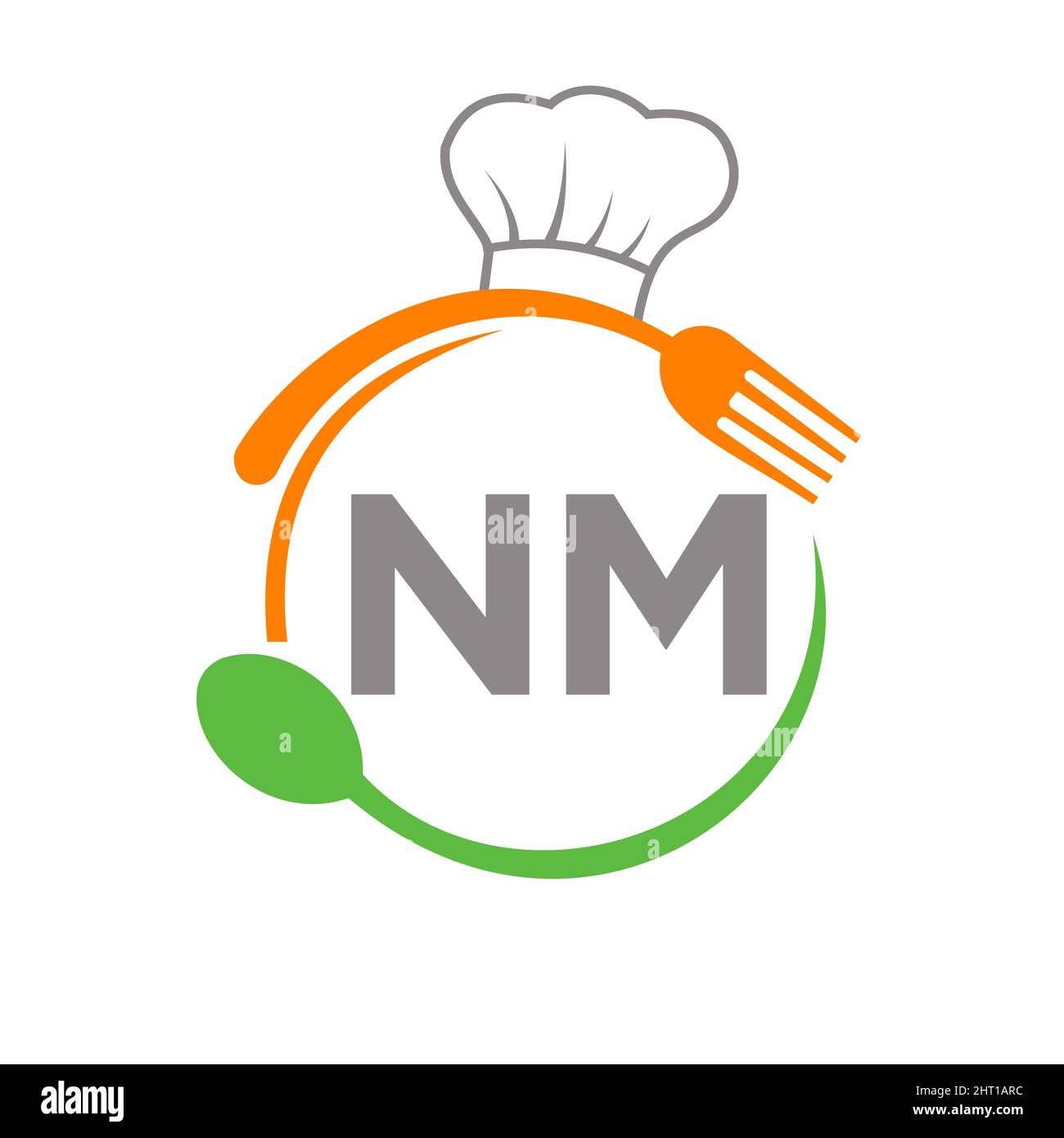 NM Restaurant Logo mit Kochlöffel und Gabel-Vorlage. Restaurant-Logo auf dem Buchstaben NM ...