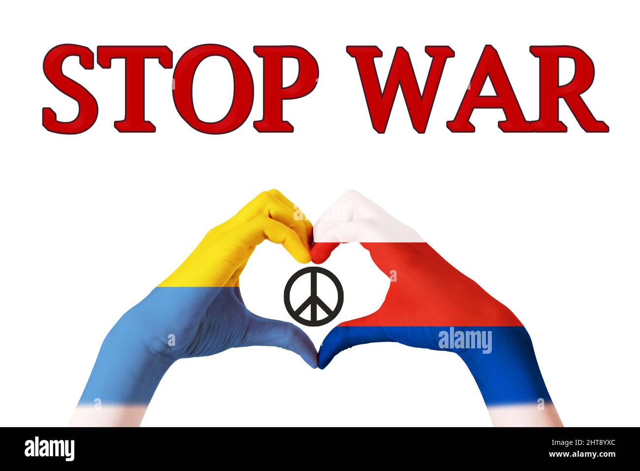 Hände in den Farben der Fahnen Russlands und der Ukraine gemalt, die ...