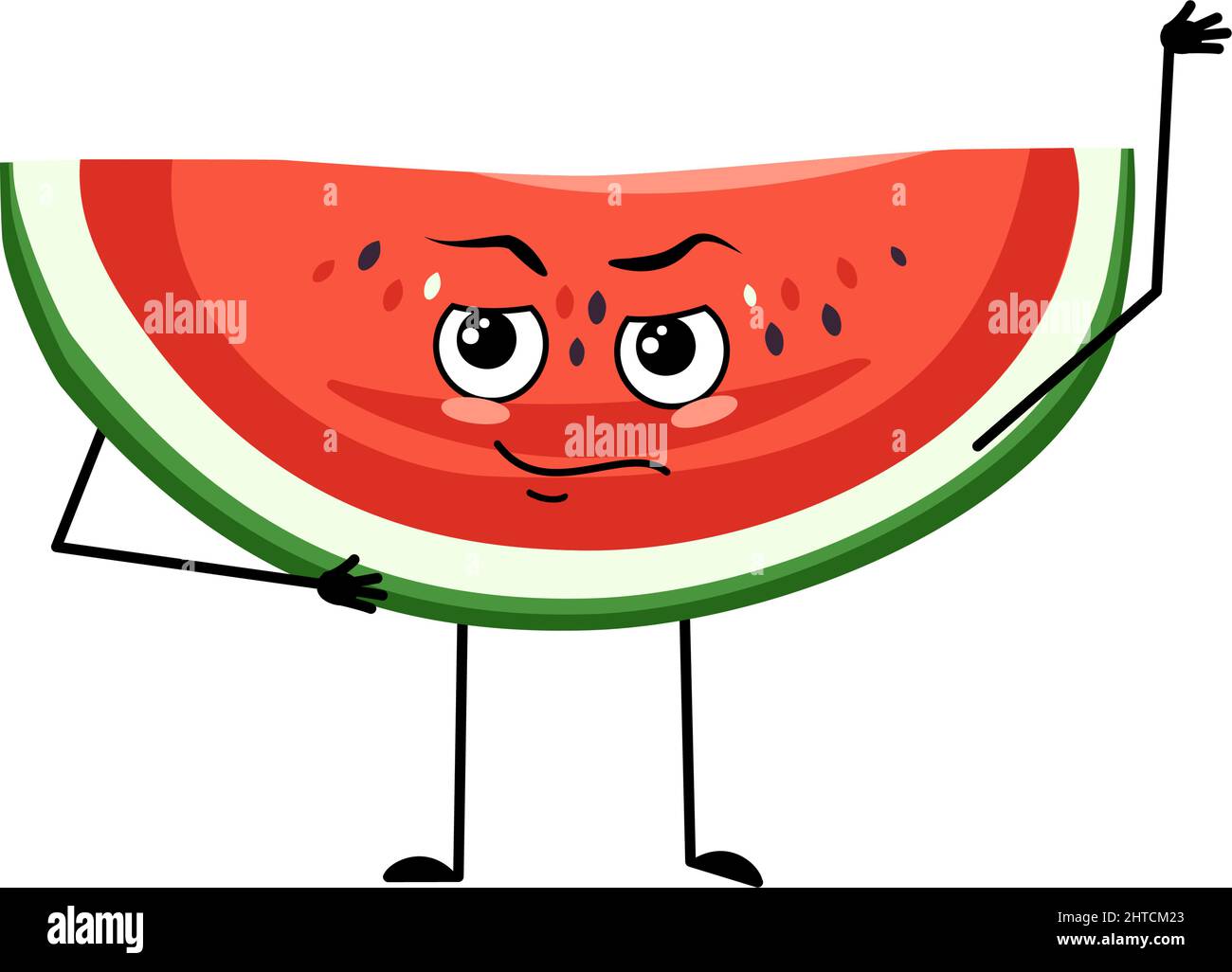 Wassermelone Charakter mit Emotionen des Helden, tapferes Gesicht, Arme ...