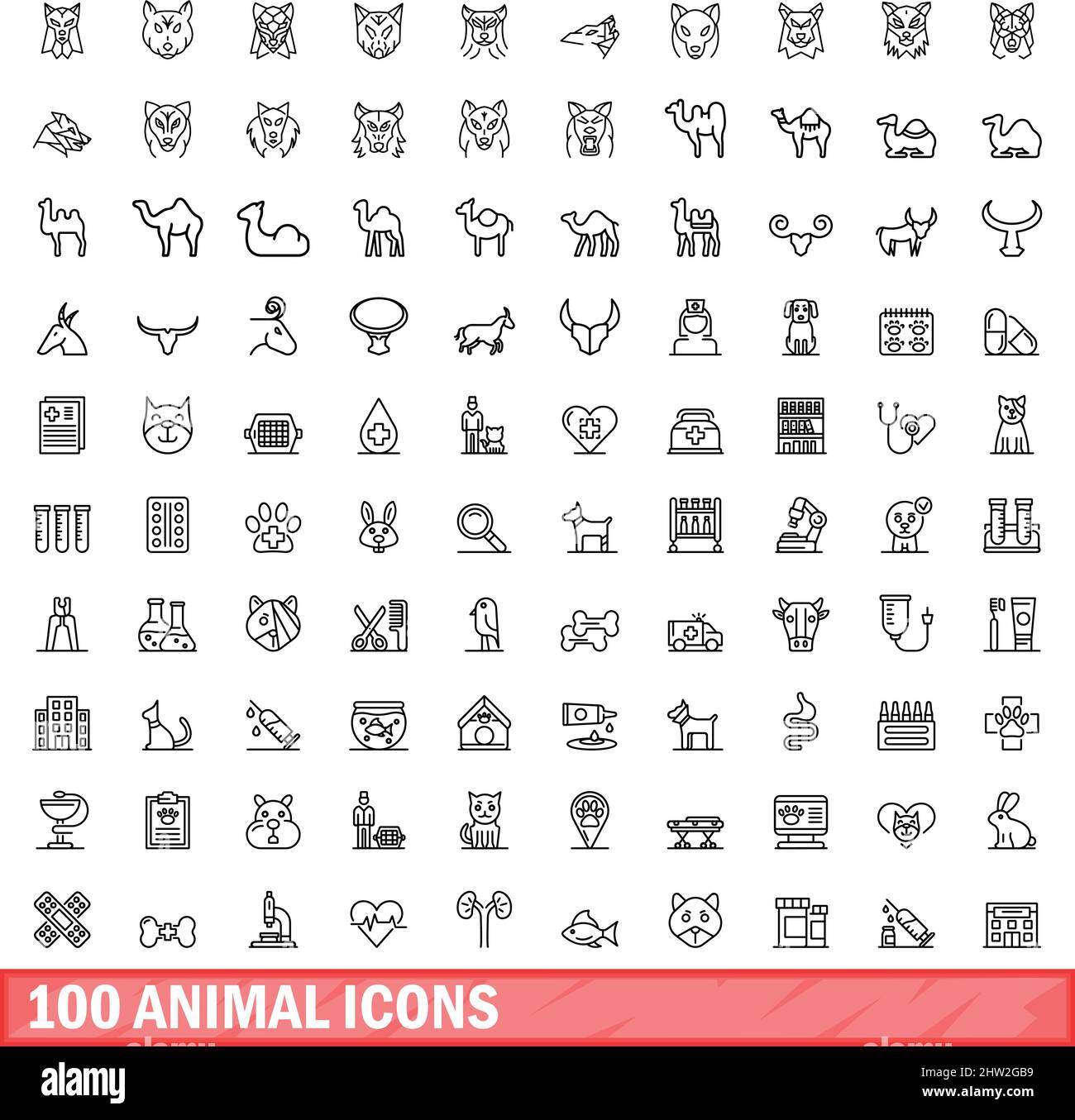 100 Tier-Icons gesetzt. Umreißen Abbildung von 100 Tier-Symbole Vektor ...