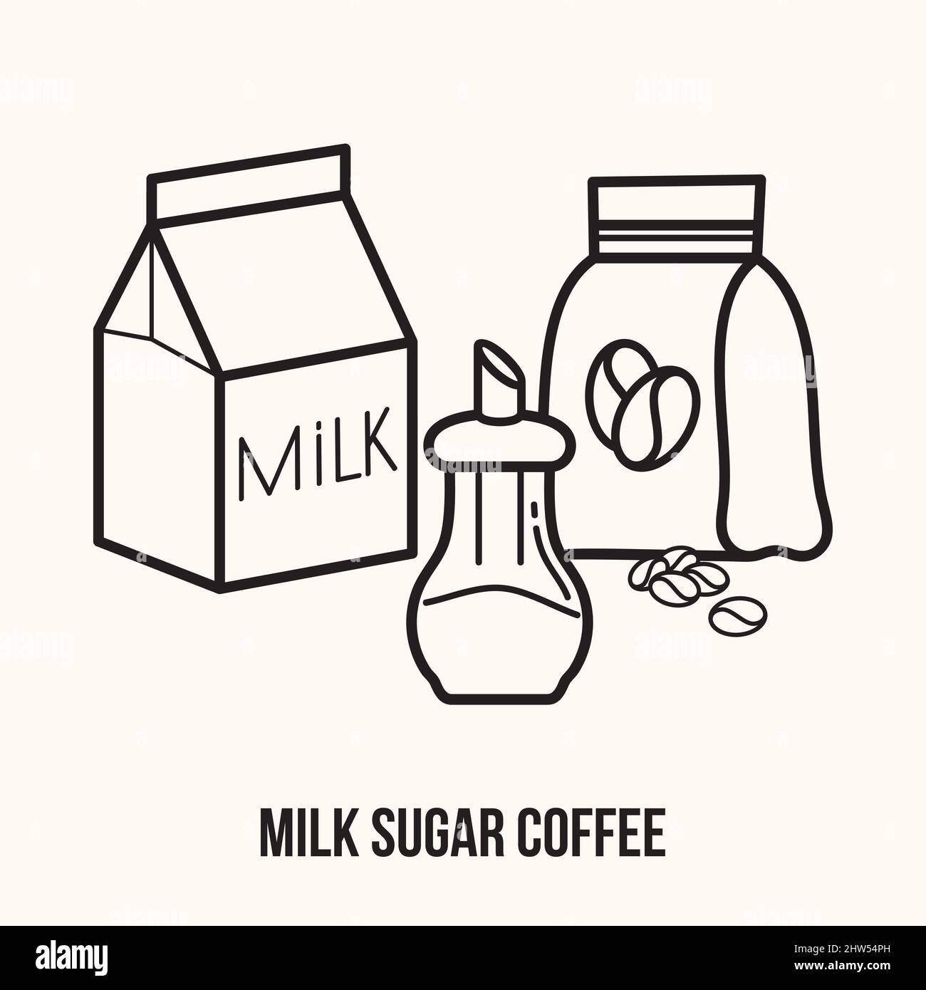 Symbol für Kaffee, Milch und Zucker. Symbolisches Bild der Zubereitung ...