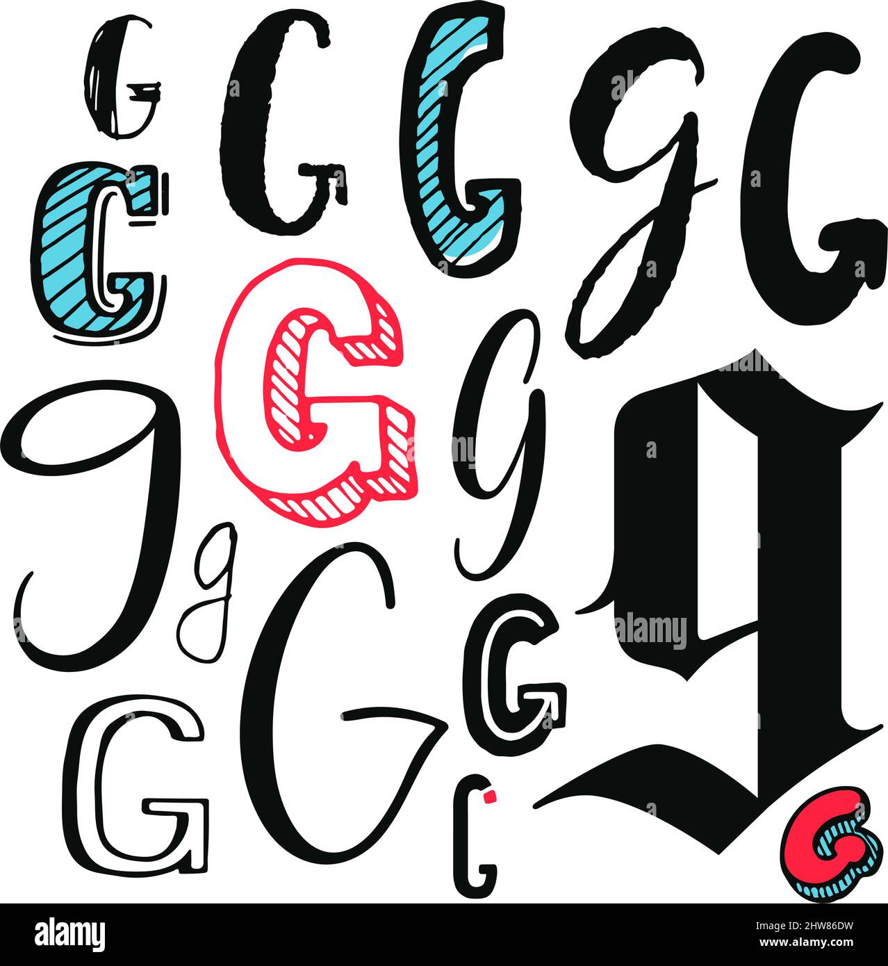 Buchstaben G gesetzt. Verschiedene Stile. Handgezeichnete Illustration ...
