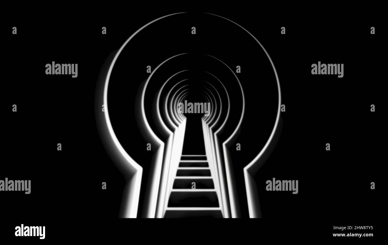 Neon-Schlüsselloch. Animation. Schöner neonweißer Tunnel in Form eines ...