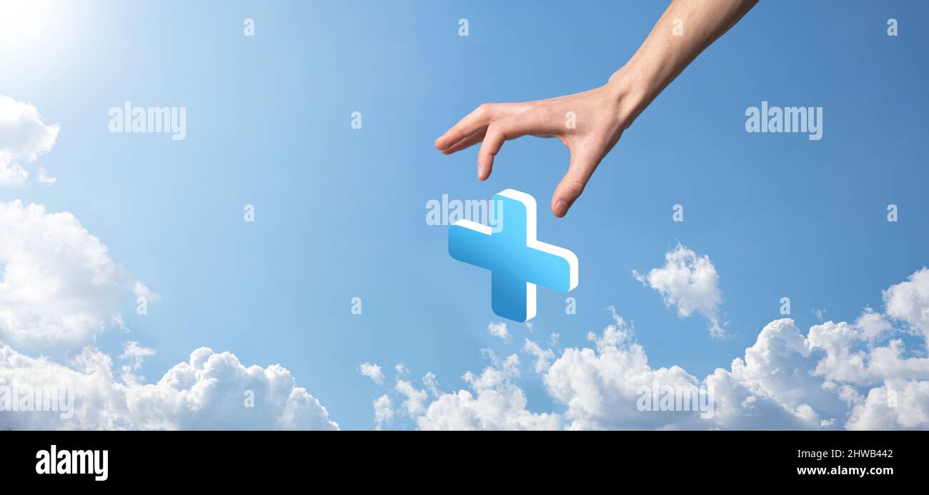 Geschäftsmann halten 3D plus Symbol, Mann halten in der Hand bieten ...