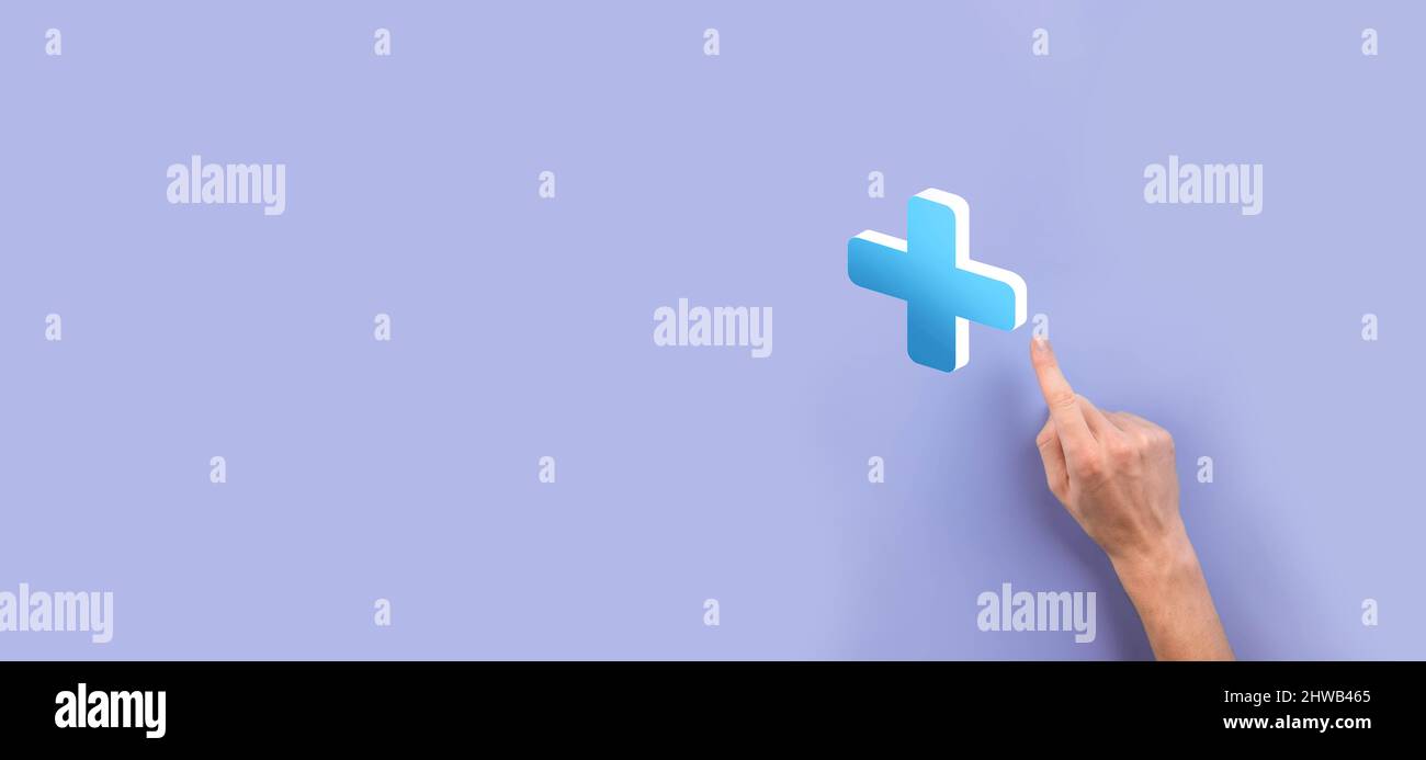 Geschäftsmann halten 3D plus Symbol, Mann halten in der Hand bieten ...