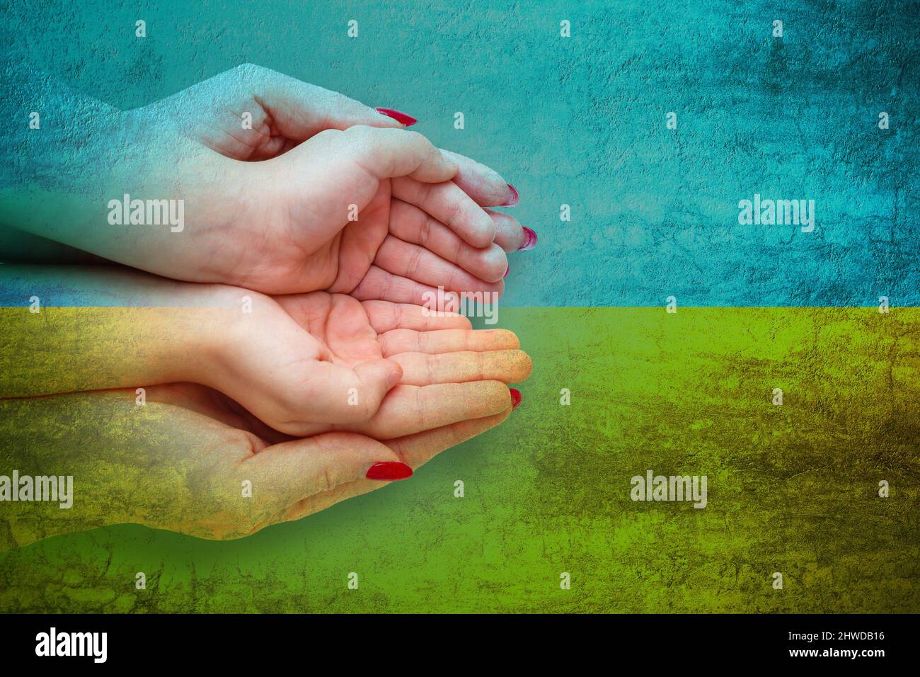 Stoppen Sie den Krieg in der Ukraine. Hände beten vor dem Hintergrund ...