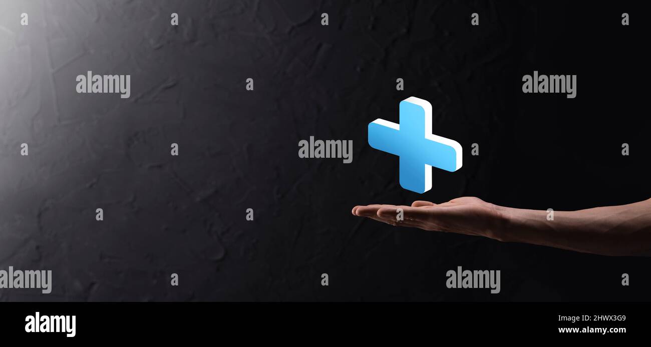 Geschäftsmann halten 3D plus Symbol, Mann halten in der Hand bieten ...
