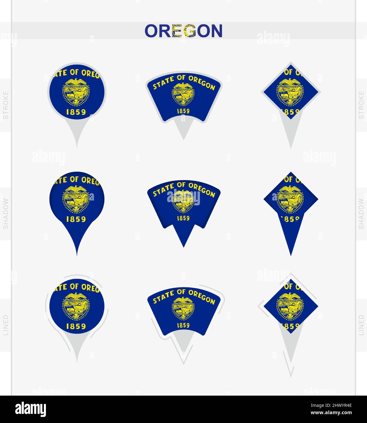 Oregon-Flagge, Satz von Positionsnadelsymbolen der Oregon-Flagge ...