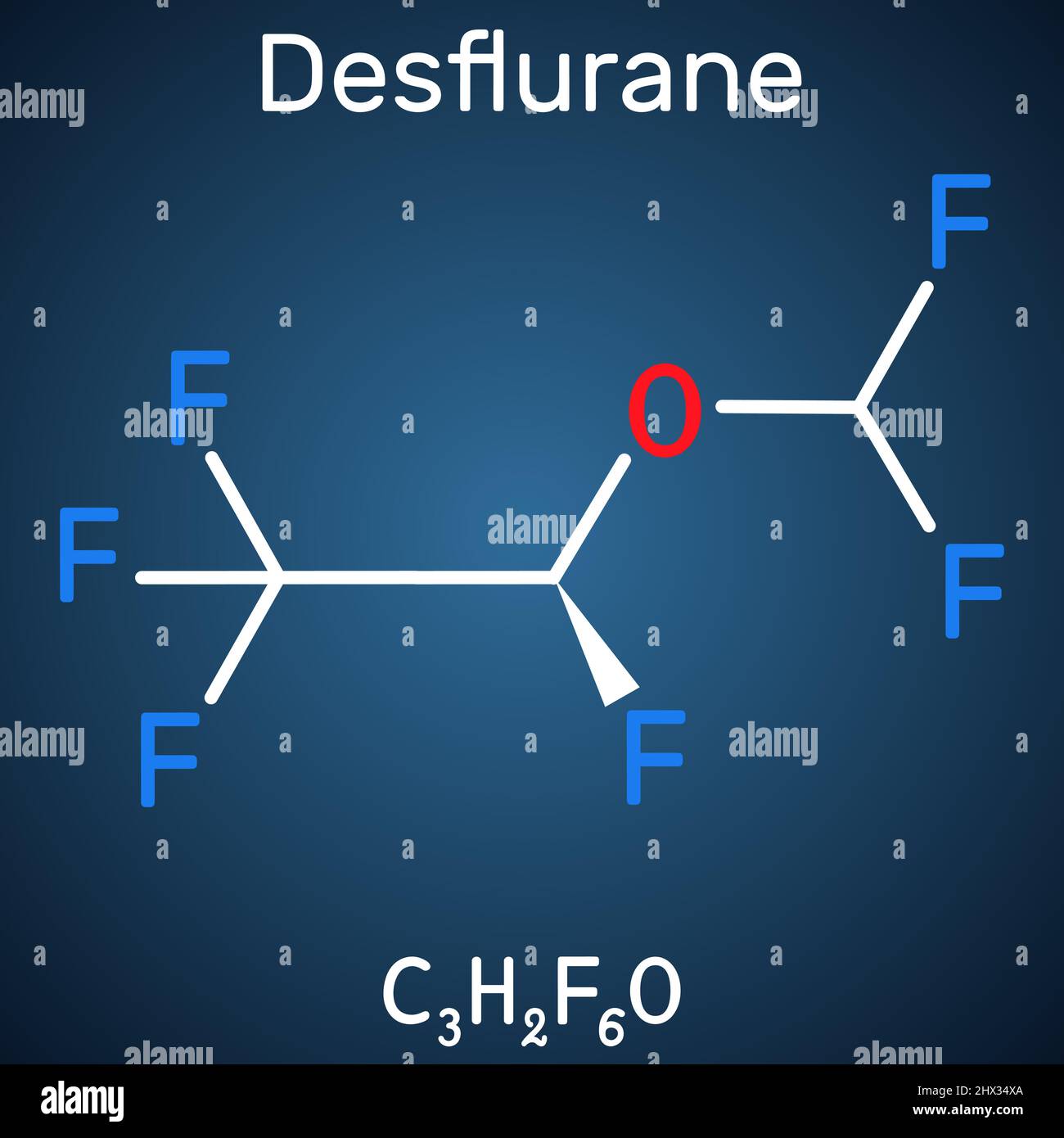Desfluran-Molekül. Es ist Organofluorinverbindung, Inhalationsnarkozin ...