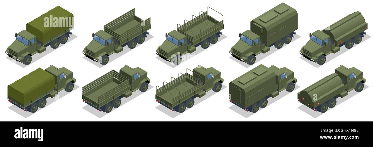 Isometrischer schwerer LKW für militärische Zwecke. Militär grüne Armee ...