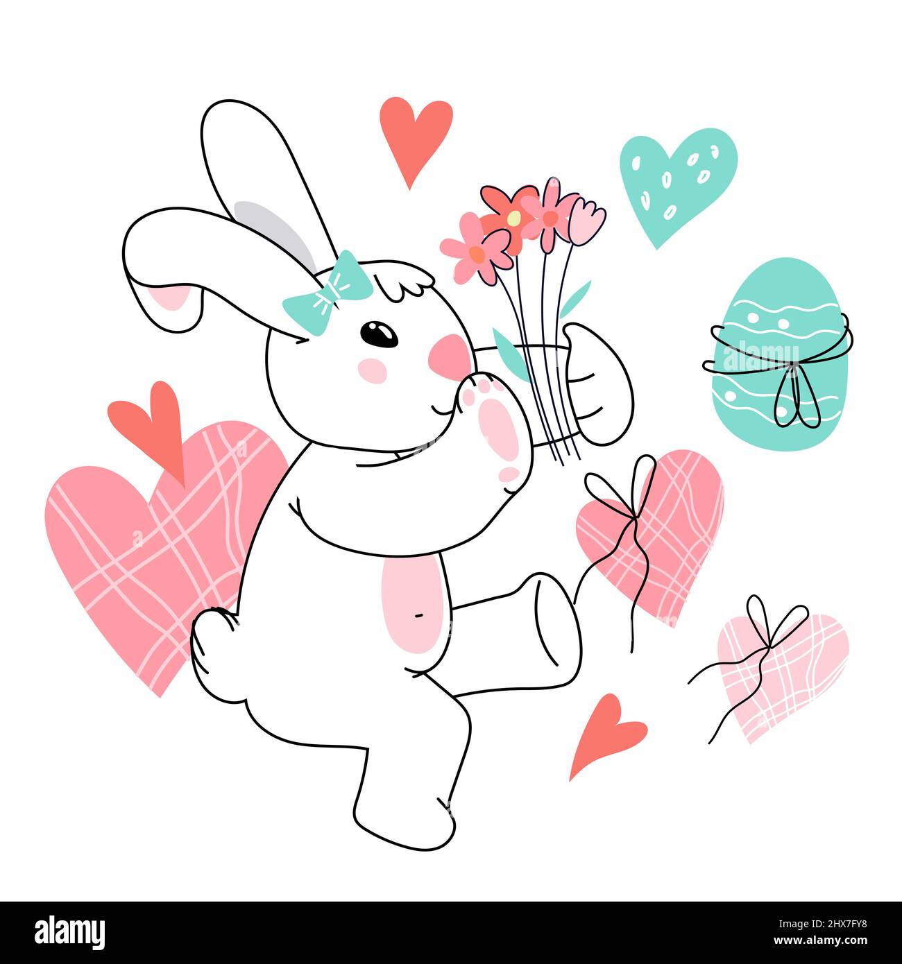 Osterhase mit Blumen und Herzen. Niedlichen lustigen Hasen oder ...