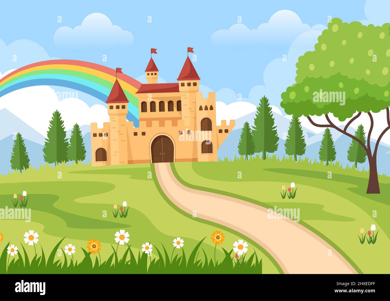 Schloss mit Prinz und Königin Cartoon Illustration Stock-Vektorgrafik ...