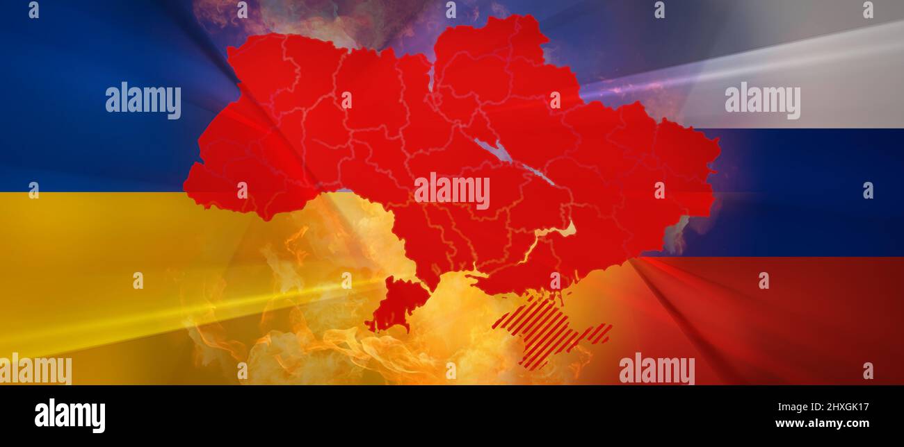 Feuer als Kriegskonzept und die Flagge Europas und Russlands und in der ... Feuer als Kriegskonzept und die Flagge Europas und Russlands und in der ...