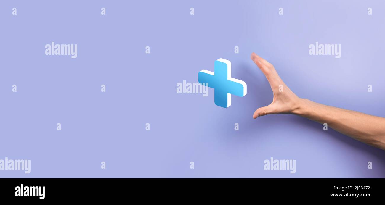 Geschäftsmann halten 3D plus Symbol, Mann halten in der Hand bieten ...