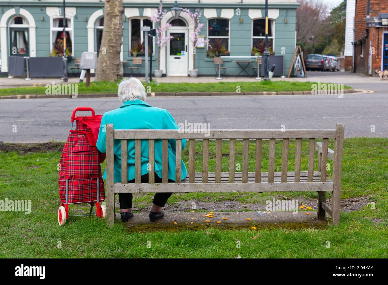 Ältere Frau mit weißem Haar und rotem Trolley, die auf einer Bank neben ...