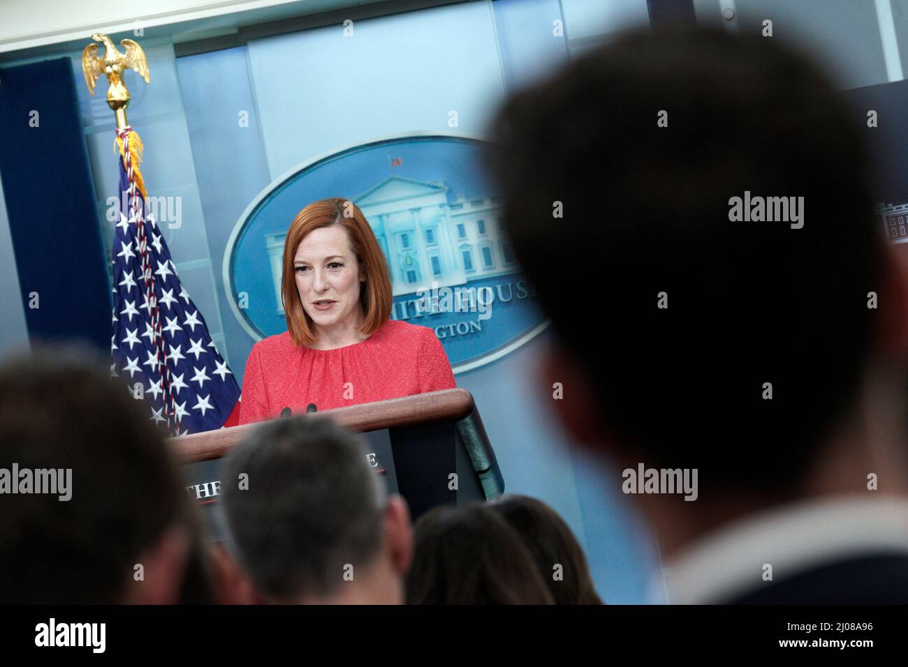 Die Pressesprecherin des Weißen Hauses, Jen Psaki, spricht am 16. März 2022 bei der täglichen ...