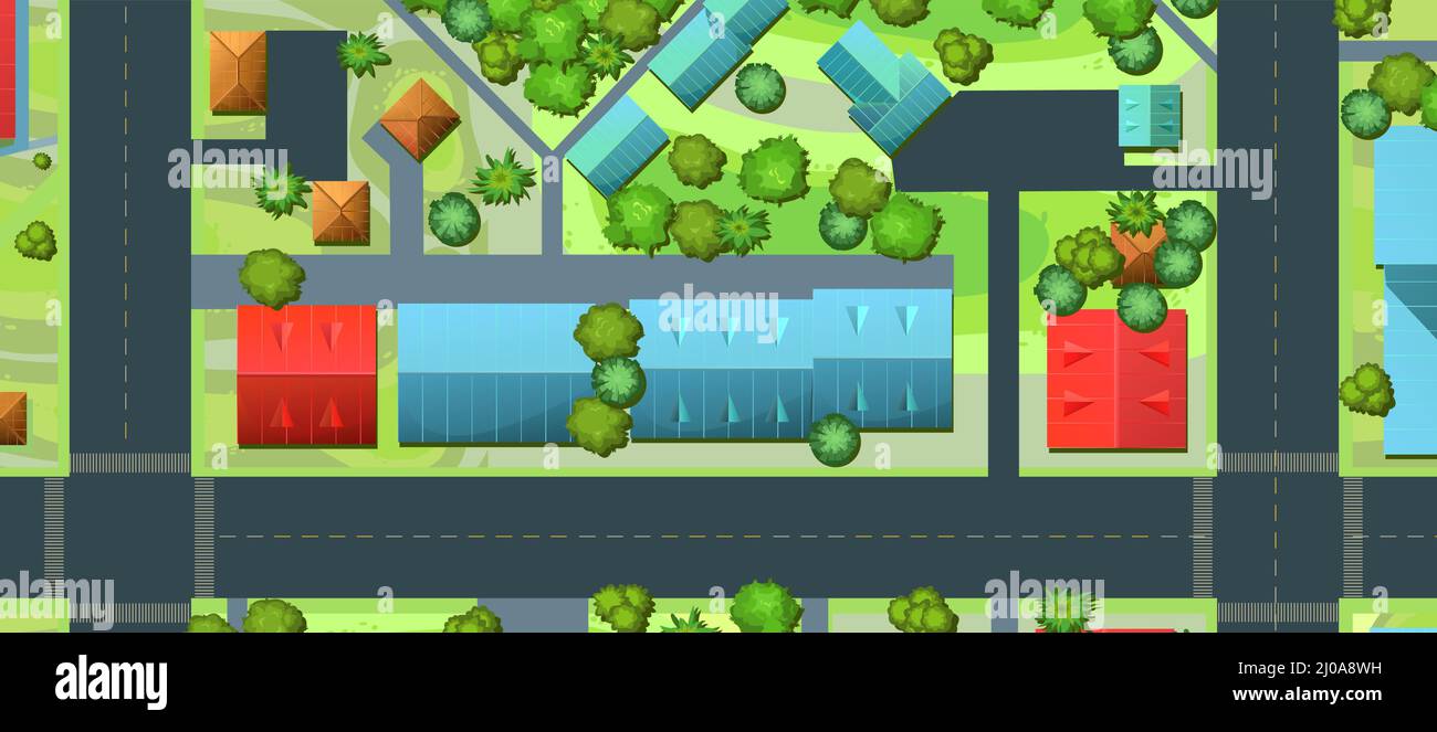 Straßen der Stadt. Draufsicht von oben. Kleines Stadthaus und Straße ...