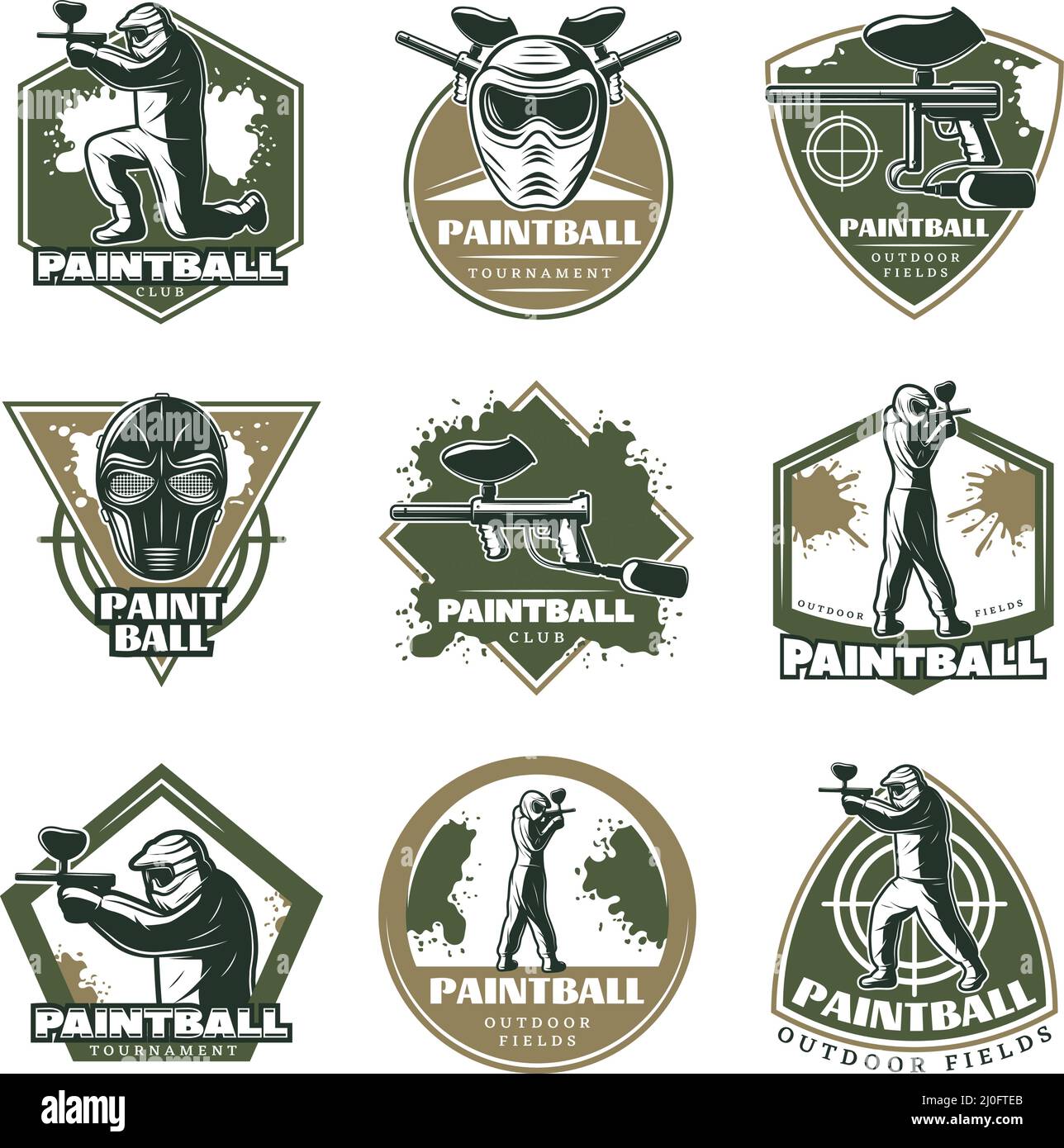 Bunte vintage aktive Freizeit Embleme mit Paintball Munition Waffen ...