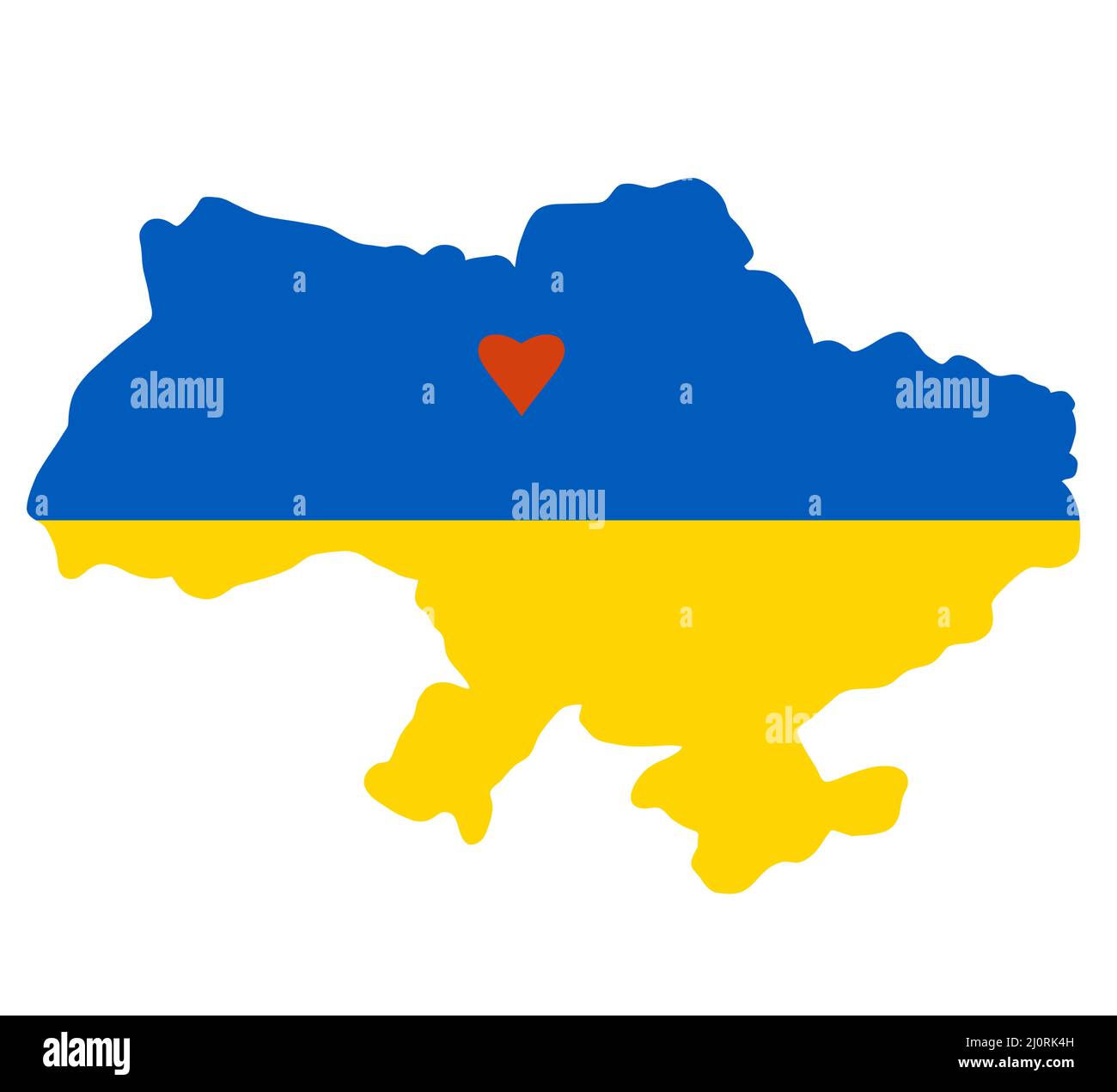 Karte der Ukraine in gelb-blauen Farben mit rotem Herzen, wo die ...