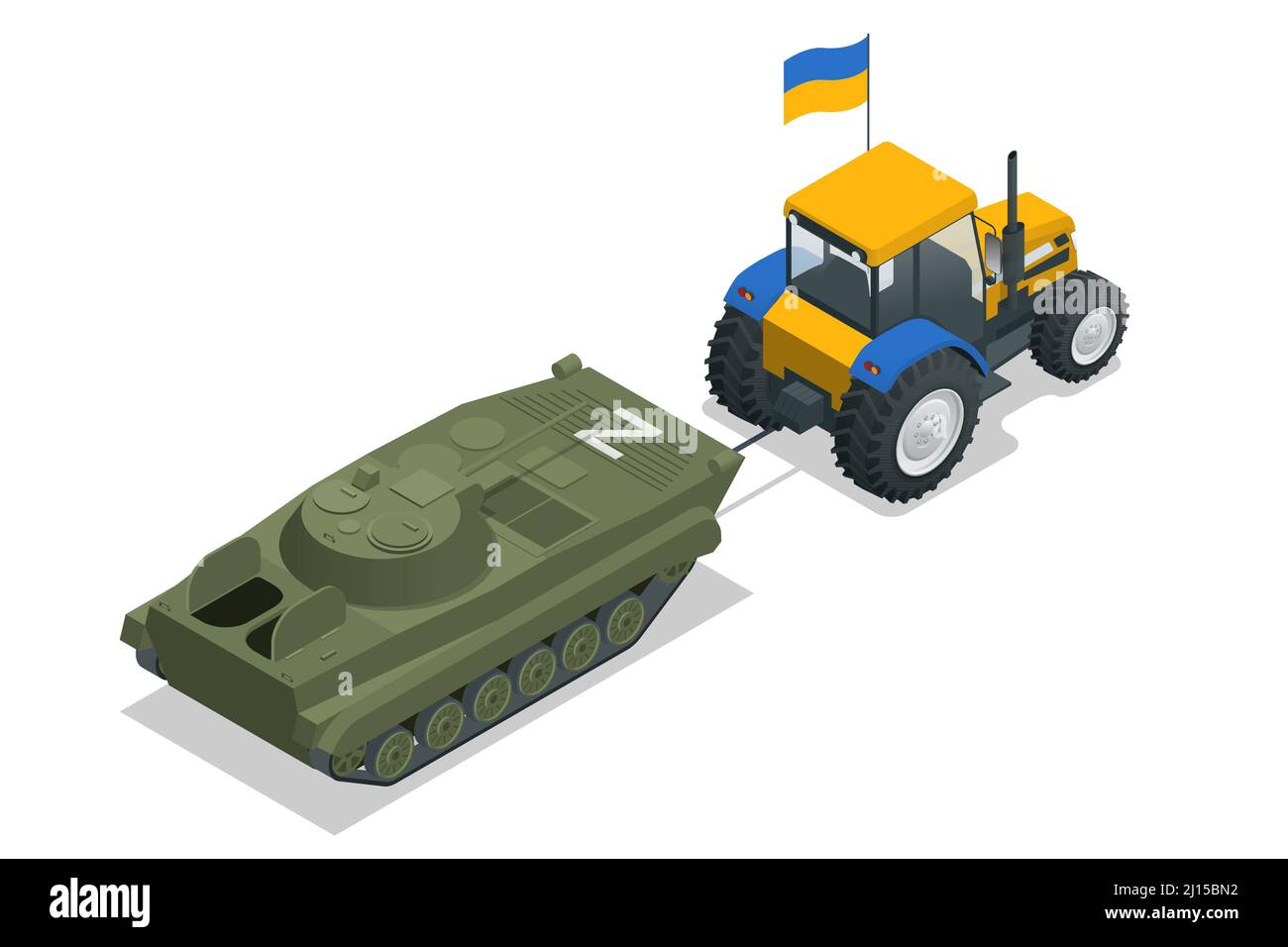 Isometrischer Traktor mit ukrainischer Flagge zieht einen russischen ...