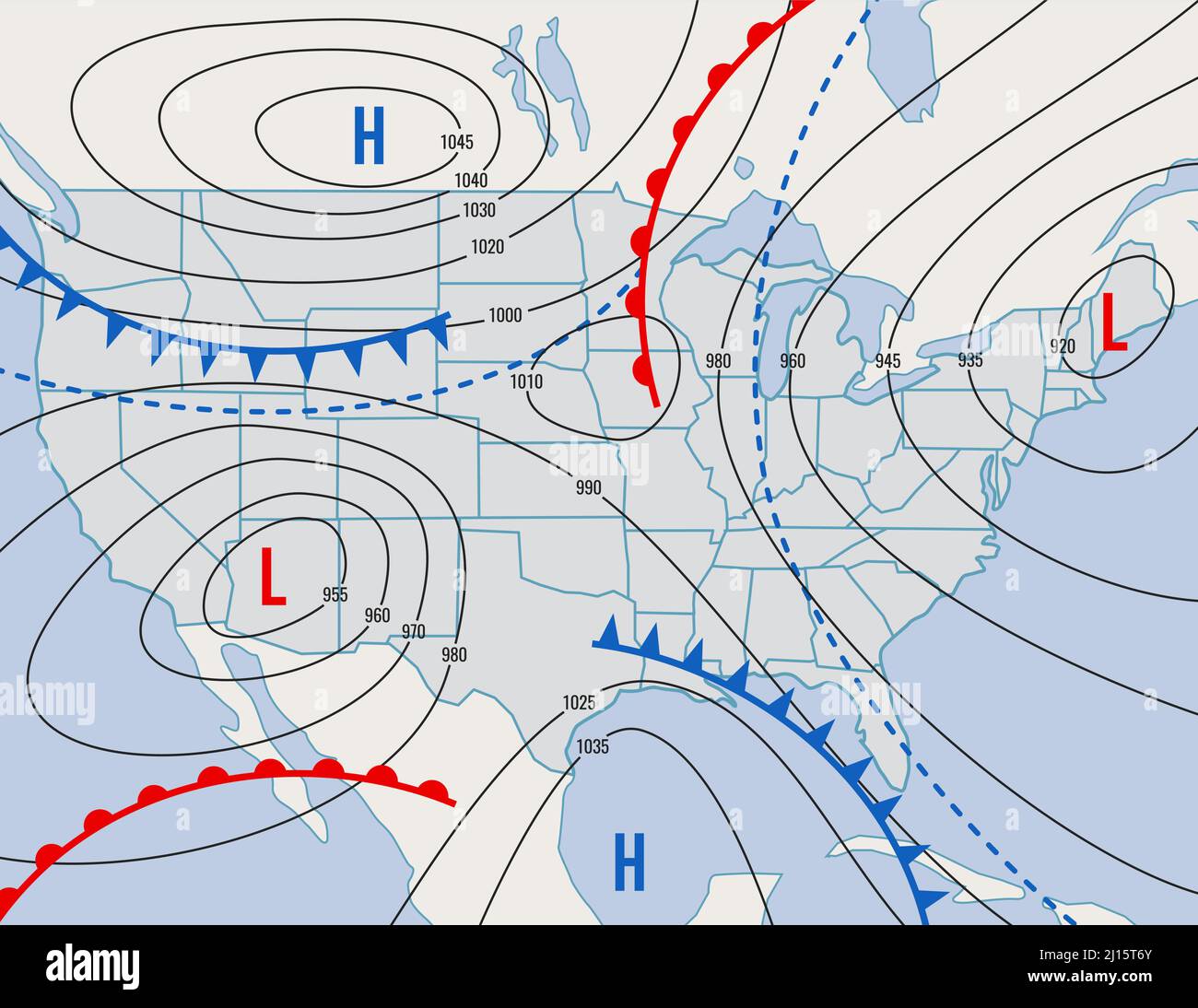Vorhersage Wetter Isobar Karte der USA Staaten, Wetterwindfronten und ...