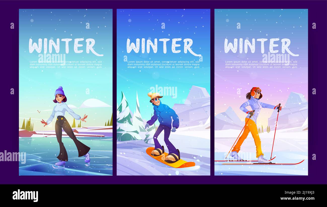 Winter Sport Cartoon Poster mit Menschen genießen Skifahren, Skaten und ...