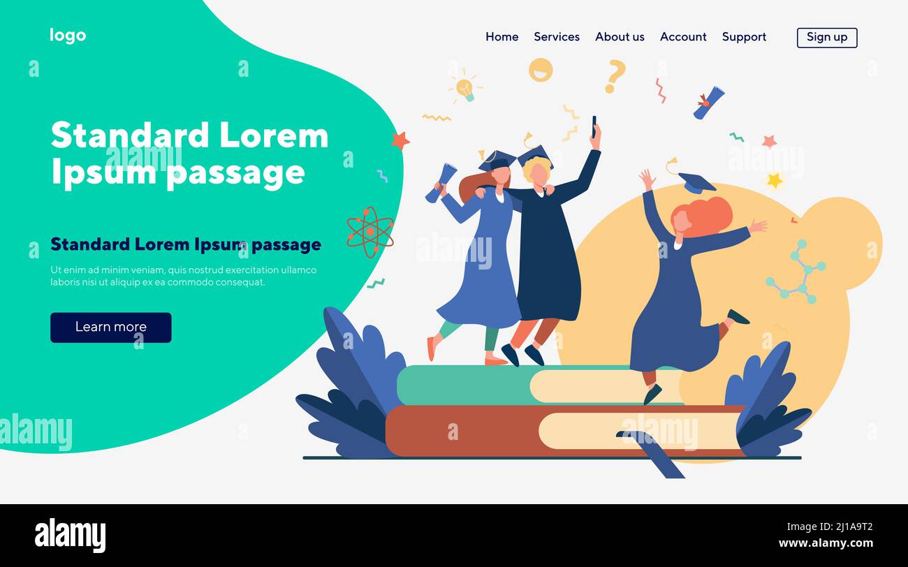 Glückliche Studenten Abschluss mit akademischem Diplom flache Vektor ...