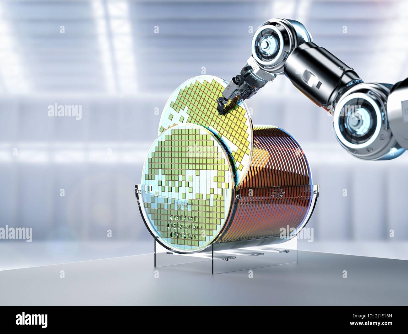 Halbleiterfertigung mit 3D gerenderten Roboterarmen mit Silizium-Wafern ...