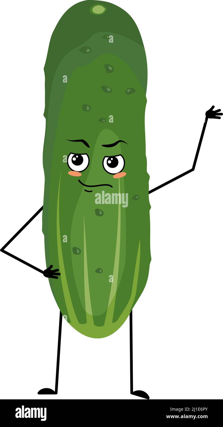 Gurken-Charakter mit Emotionen des Helden, tapferes Gesicht, Arme und ...