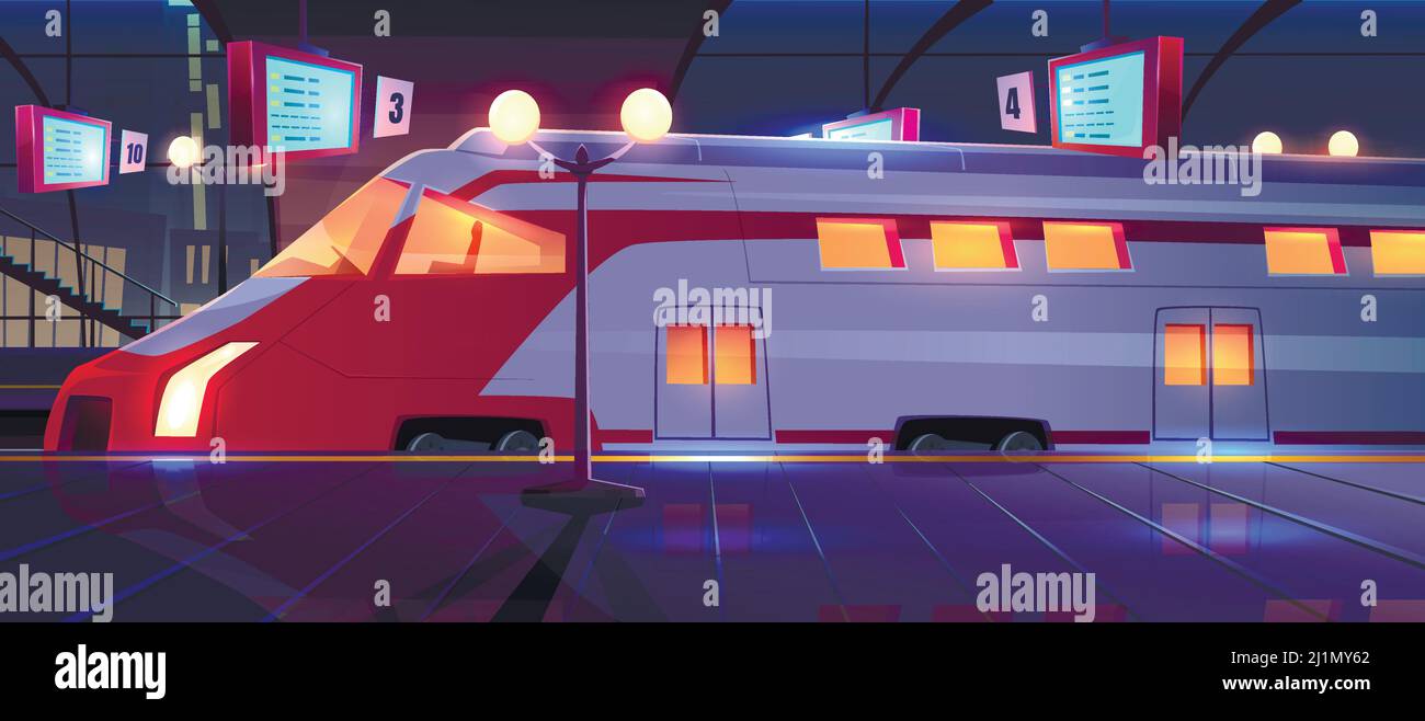 Bahnhof mit Hochgeschwindigkeitszug und Plattform in der Nacht. Vektor ...
