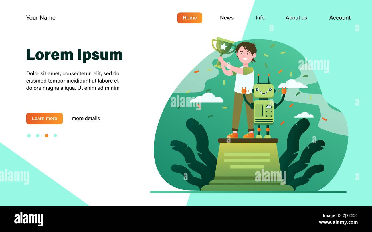 Schule Kind gewinnt Robotik-Wettbewerb. Kind und Roboter stehen auf dem ...