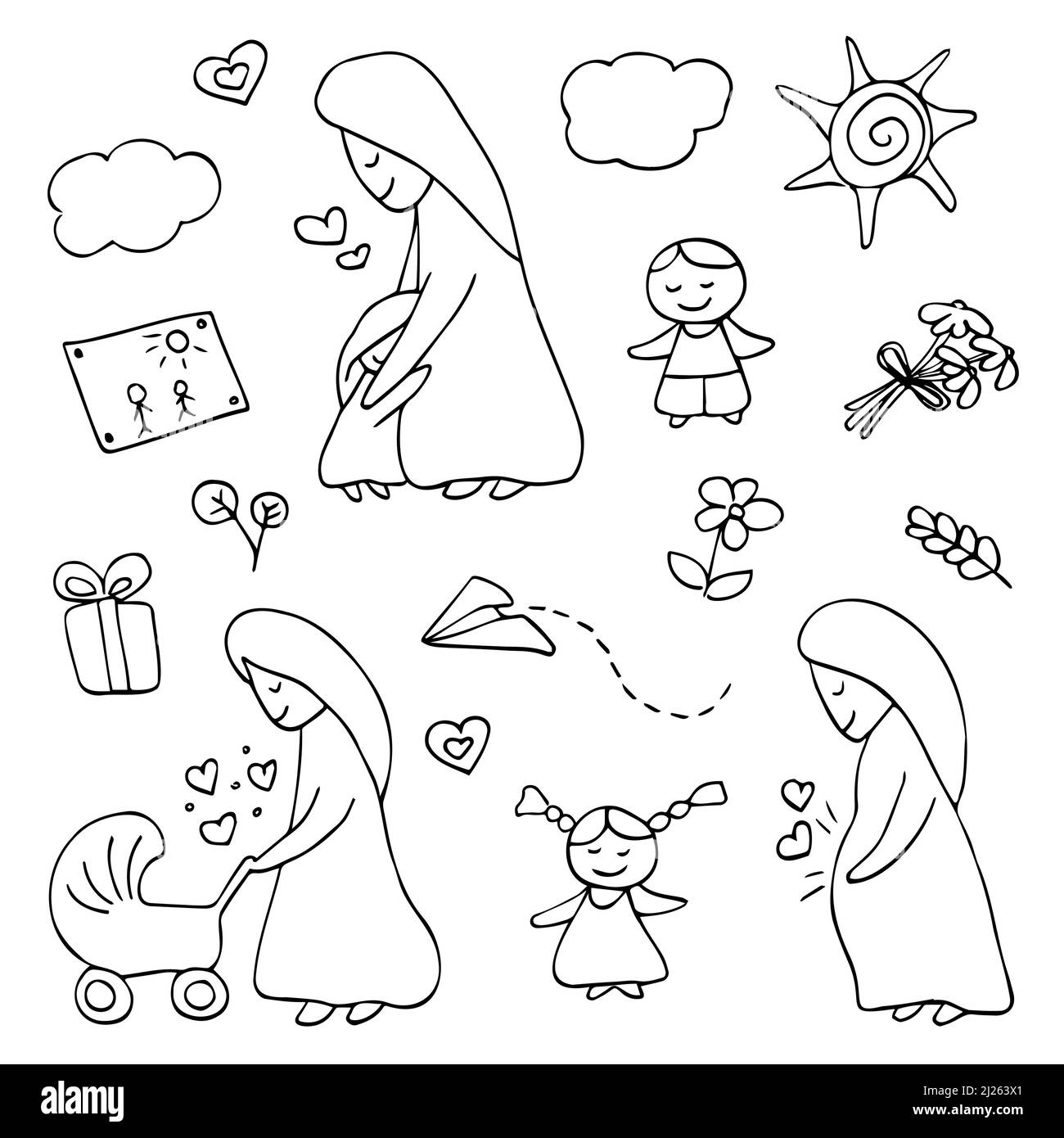 Doodle Muttertag Vektor-Set .kindliche Kritzeleien mit glücklichen ...