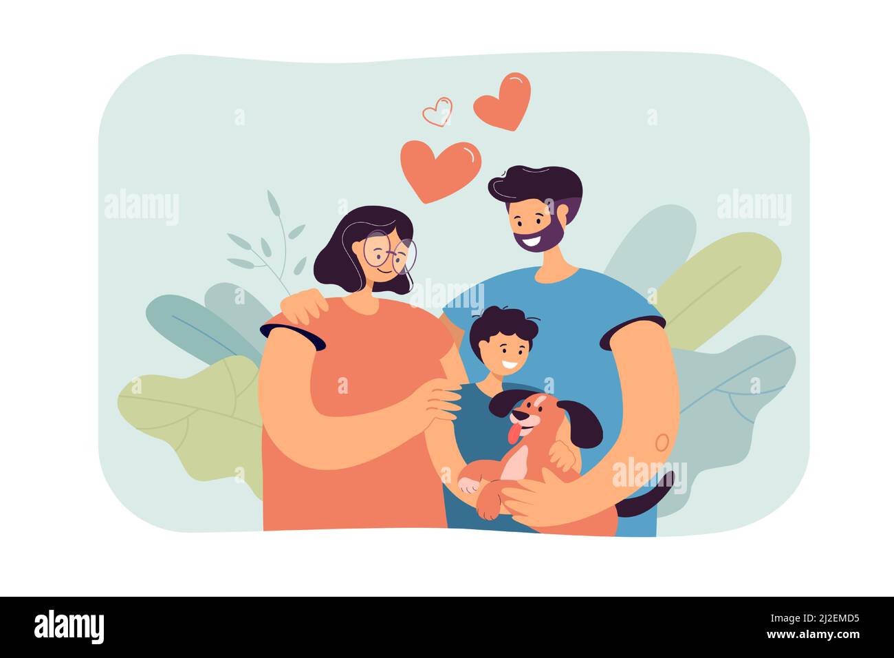 Glückliche junge Eltern mit Kind und Hund isoliert flache Vektor ...