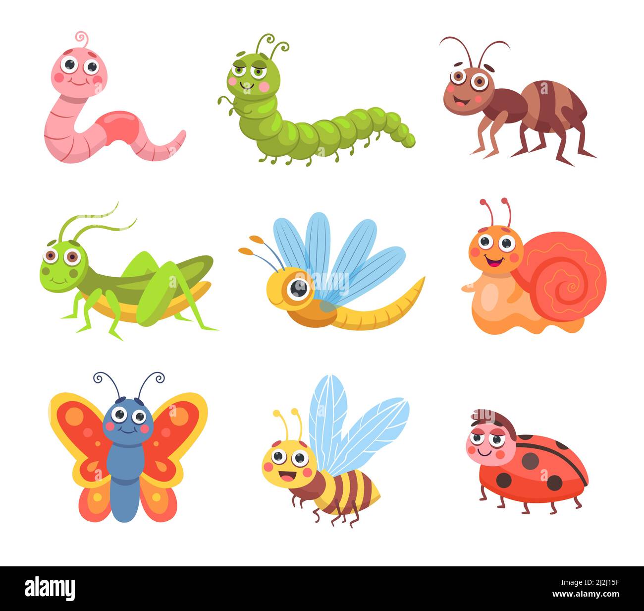 Niedliche Cartoon Insekten Set. Vektor-Illustrationen von Wald- oder ...
