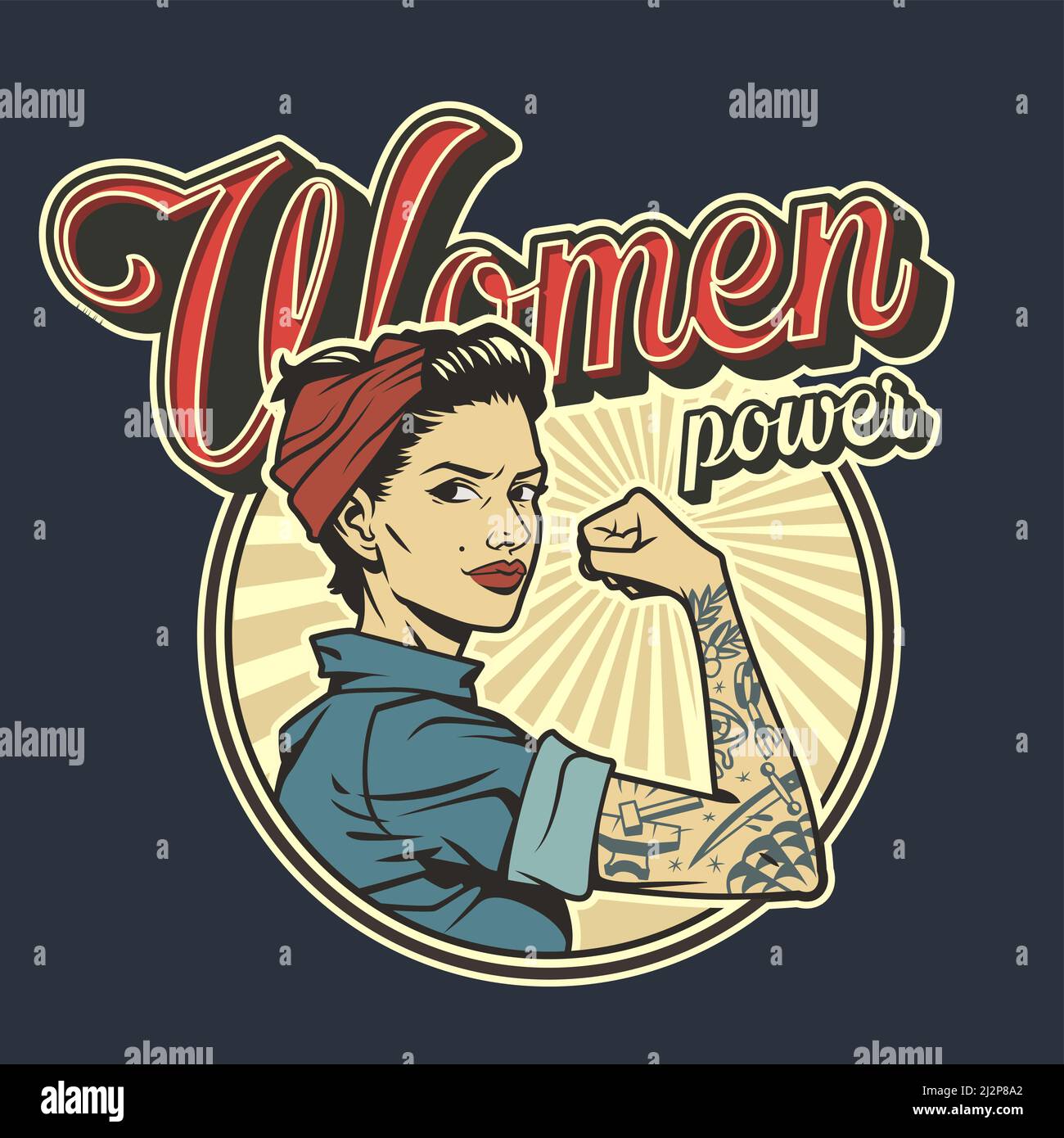 Vintage bunte Frau Macht Abzeichen mit schönen starken Mädchen in ...