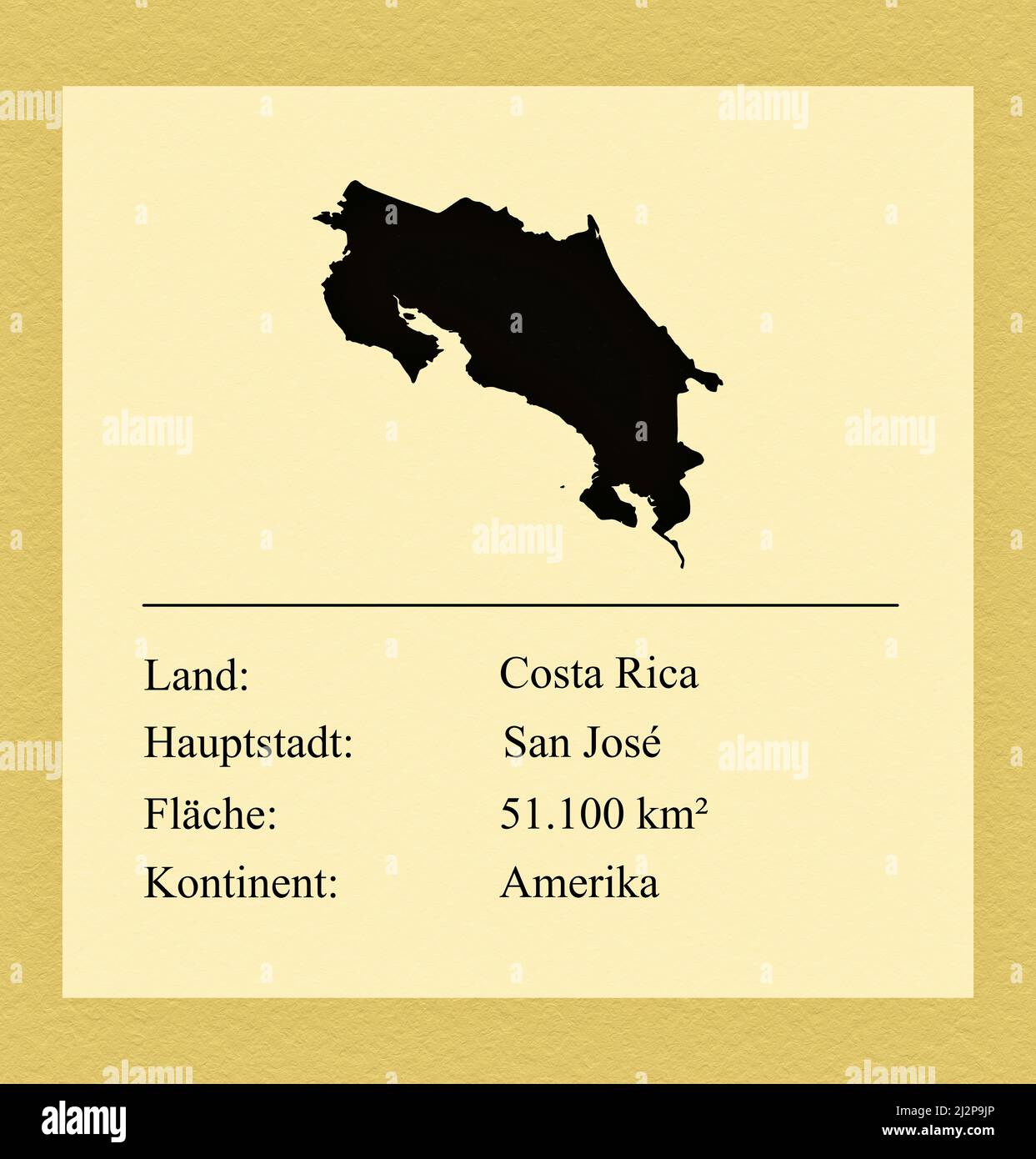 Umrisse des Landes Costa Rica, darunter ein kleiner Steckbrief mit ...