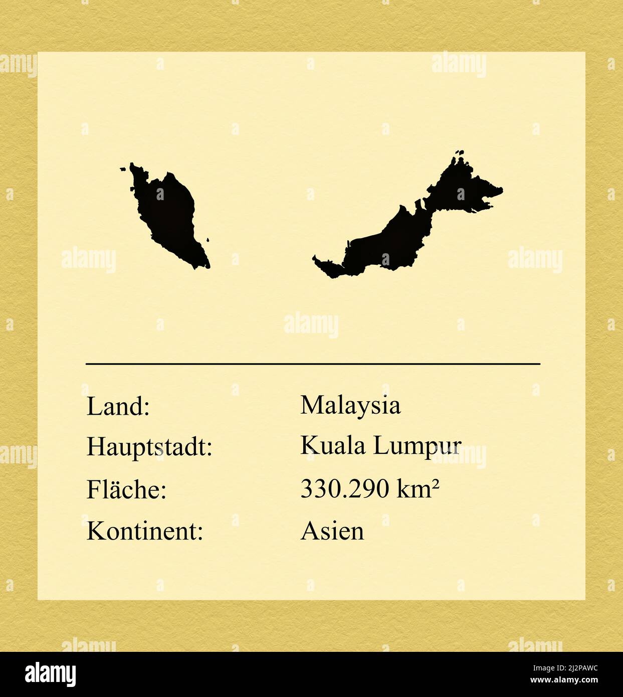 Umrisse des Landes Malaysia, darunter ein kleiner Steckbrief mit ...