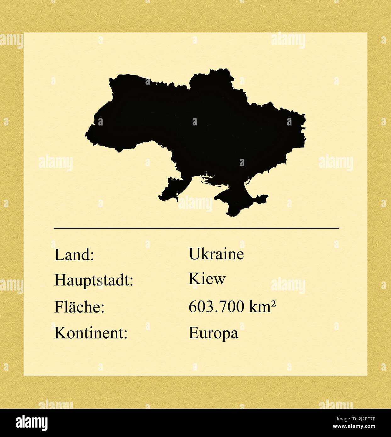 Umrisse des Landes Ukraine, darunter ein kleiner Steckbrief mit ...