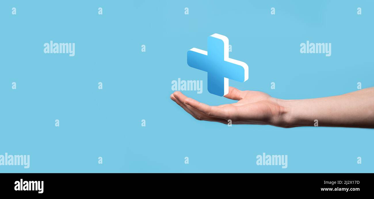 Geschäftsmann halten 3D plus Symbol, Mann halten in der Hand bieten ...