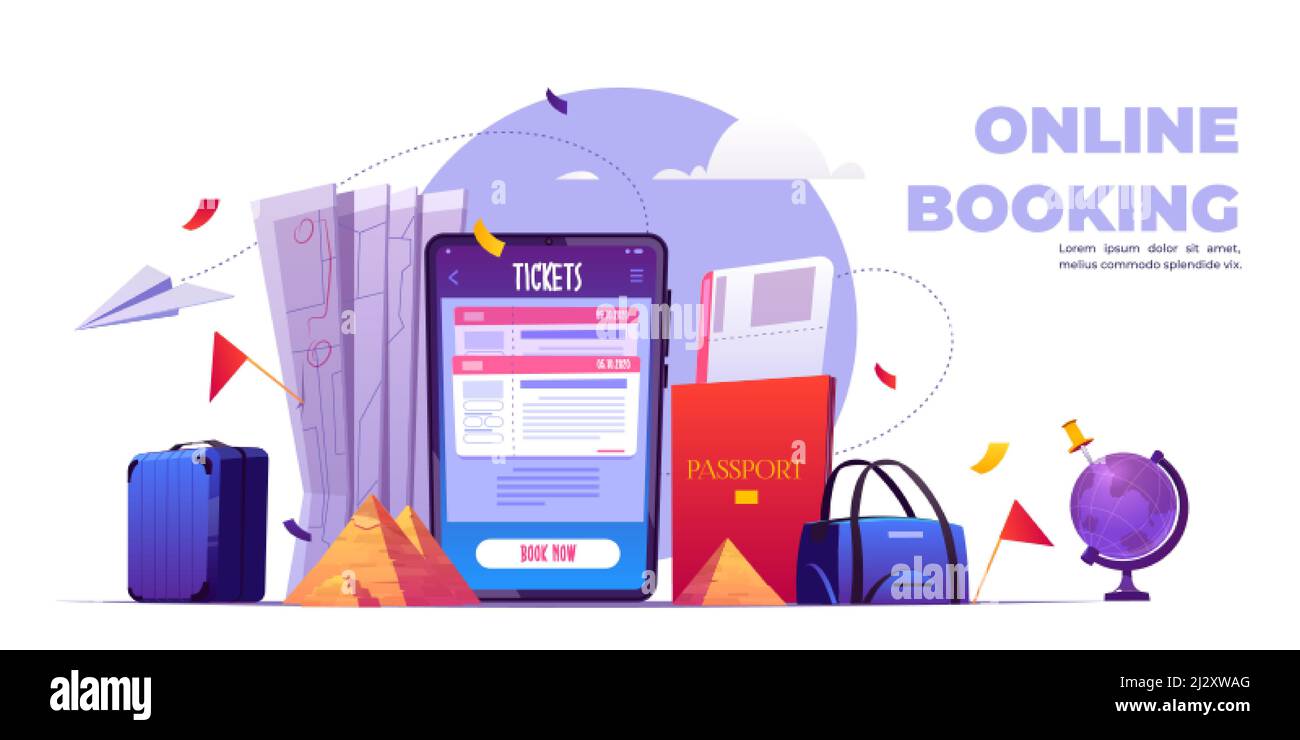 Online-Buchung Cartoon Banner, Tickets Reservierung Service-Anwendung ...