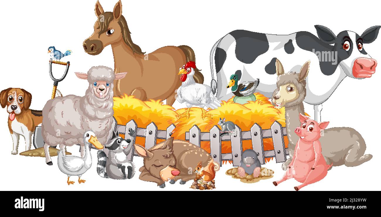 Tiere auf dem Bauernhof sitzen am Zaun Illustration Stock-Vektorgrafik ...