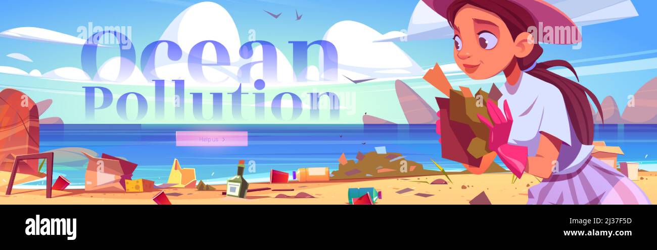 Meeresverschmutzung Cartoon Web-Banner, Frau aufräumen Strand. Mädchen ... Meeresverschmutzung Cartoon Web-Banner, Frau aufräumen Strand. Mädchen ...