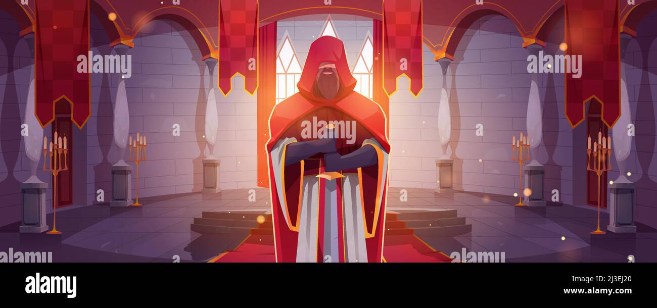 Ritter steht mit Schwert in mittelalterlicher Burg. Vektor Cartoon ...